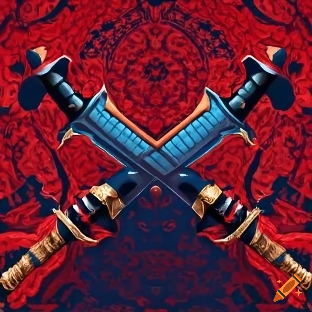 Two swords clashing with red and blue patterned background on Craiyon