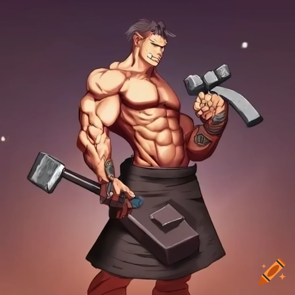Muscular blacksmith with a large hammer in anime style on Craiyon