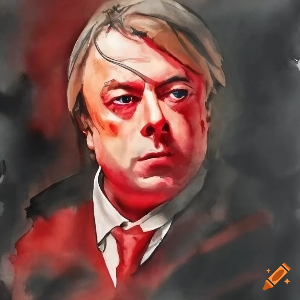 Stern and smug portrait of christopher hitchens in red and black ...