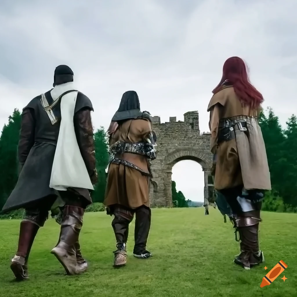 Three rpg characters walking towards a castle in a fantasy setting on ...