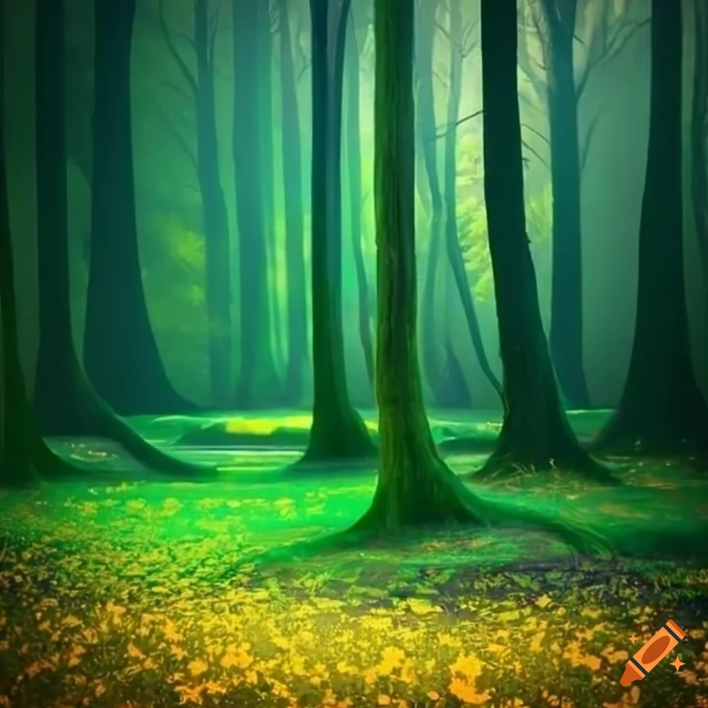 Bright enchanted green magical forest with golden foliage on the ground ...
