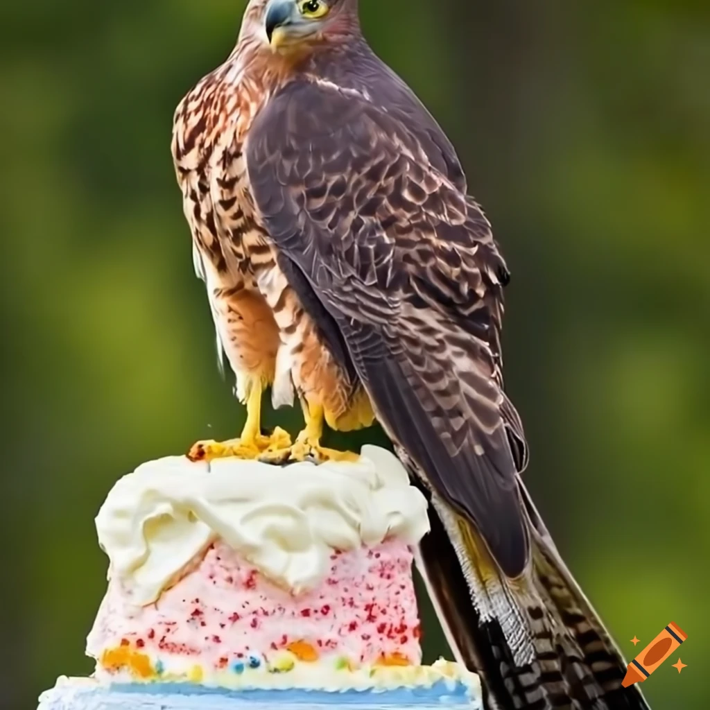 Hawk enjoying a birthday cake on Craiyon
