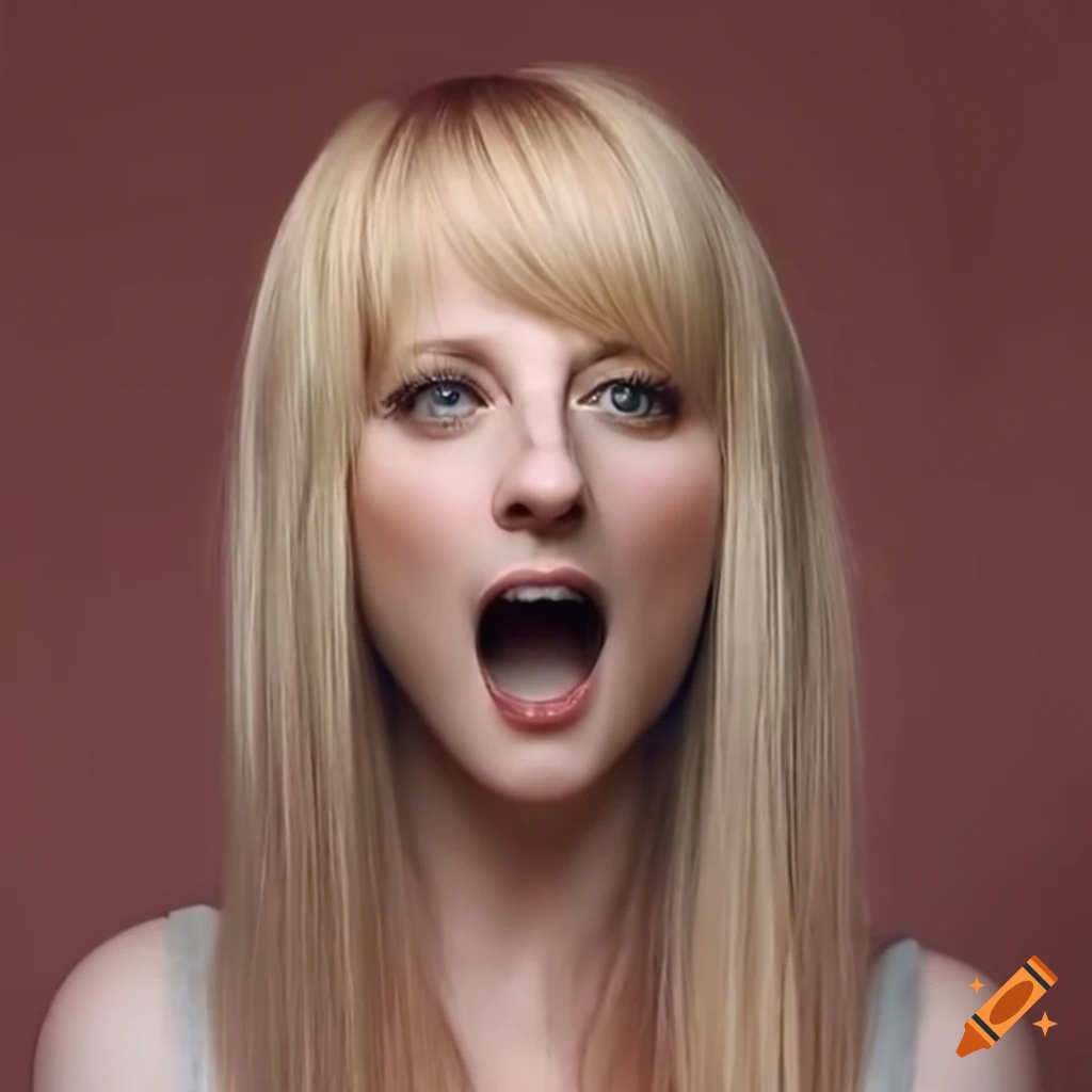 Melissa Rauch with blonde hair, glasses, and red lipstick on Craiyon