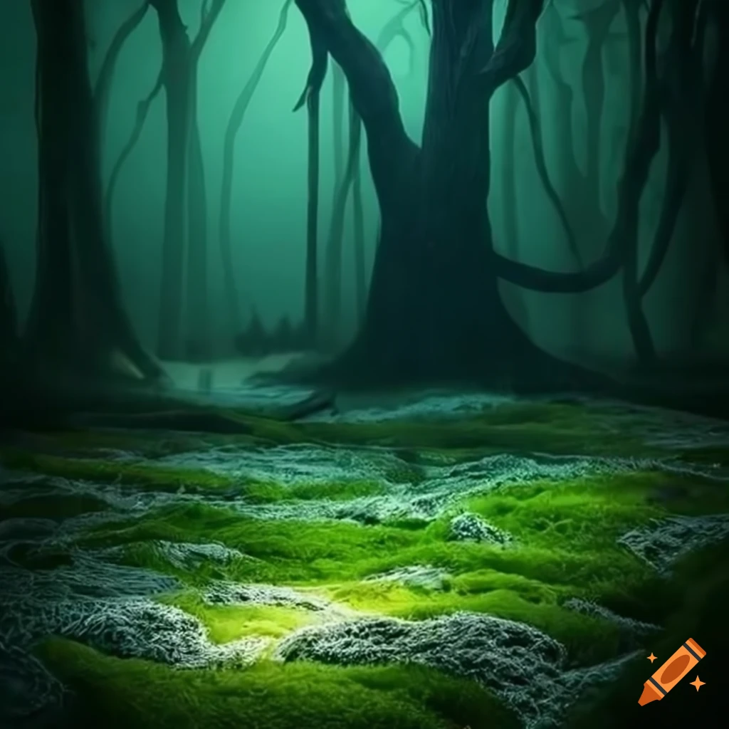 Bright enchanted magical forest with silver moss on the ground on Craiyon