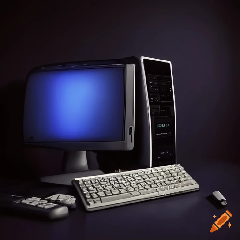 High-tech tower personal computer with monitor, keyboard, mouse on Craiyon