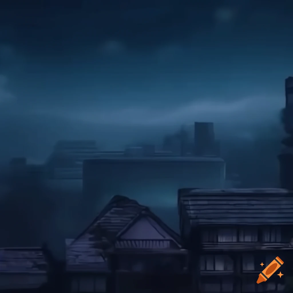 Konoha village from naruto anime, buildings in brutalism style at night ...