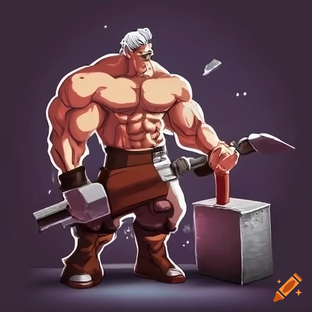 Muscular blacksmith with a large hammer in anime style on Craiyon