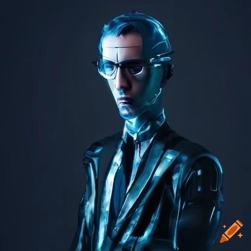 Photorealistic image of a stylish male accountant cyborg in a ...