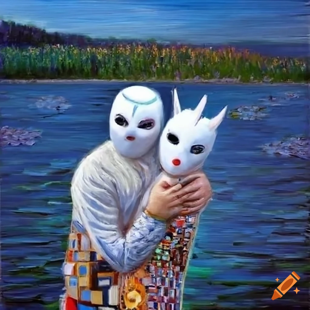 Impressionistic nocturnal oil painting of two masked people hugging by ...