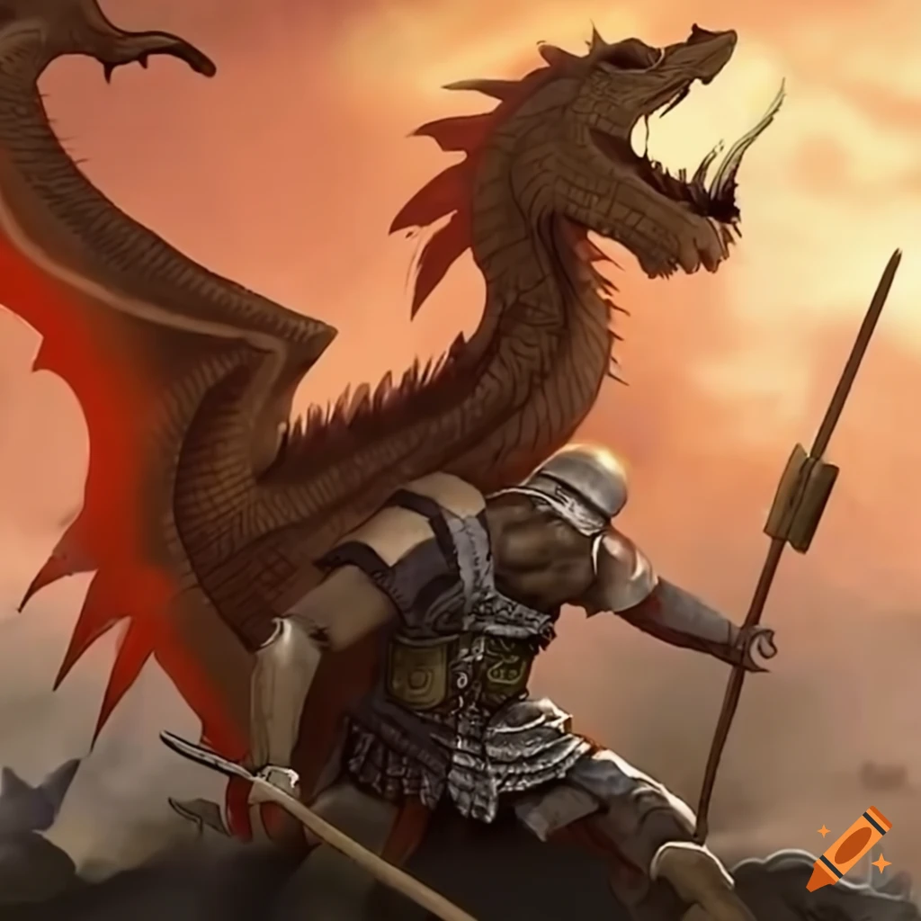 Roman legionnaire battling a dragon in medieval times on Craiyon