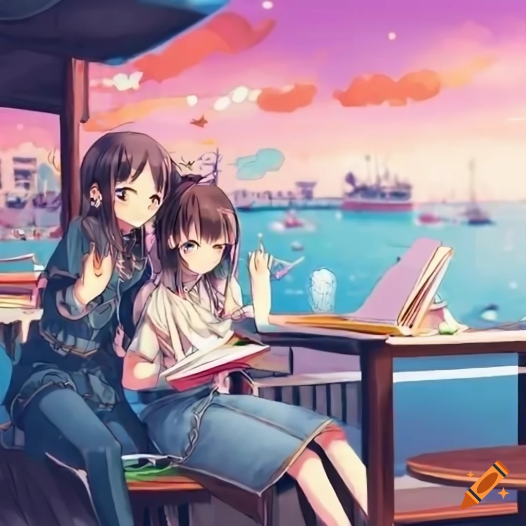 Group of cheerful anime girls studying with books at a flower-filled ...