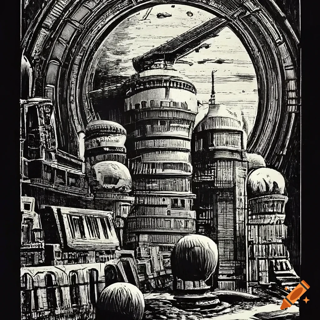 Black and white woodcut print of 70s cyberpunk armory on Craiyon