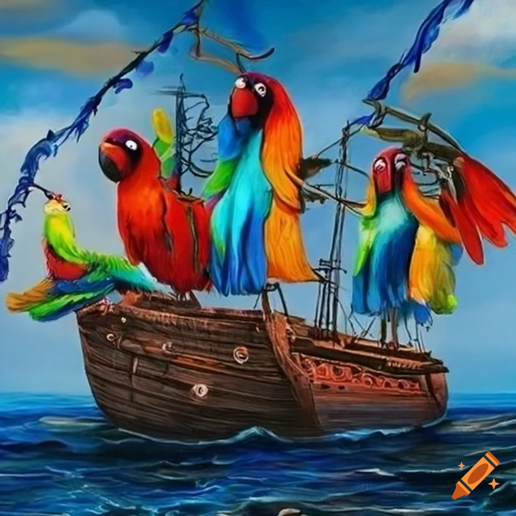 Colorful pirate parrots on ship's sails in fabulous art on Craiyon