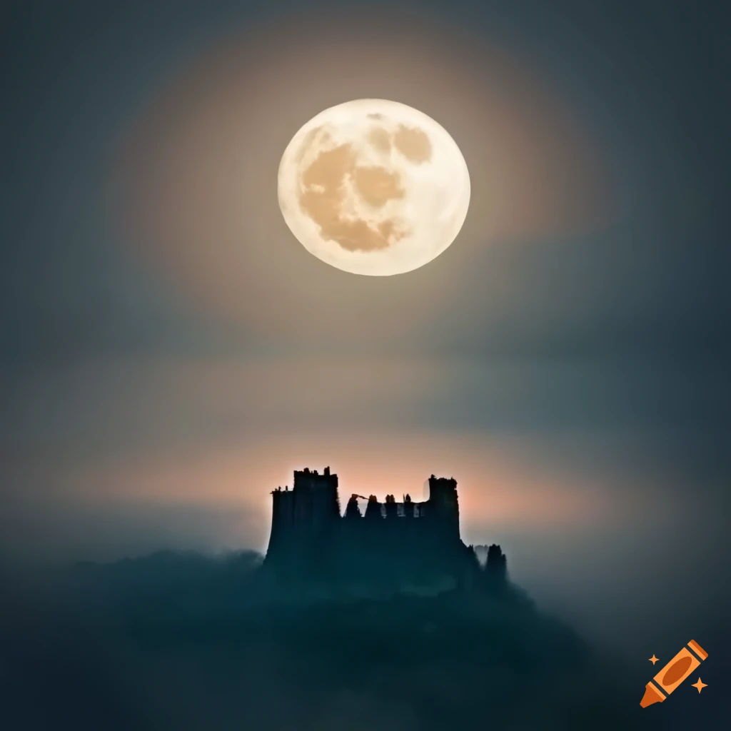 Spooky fog over moors with full moon and distant gothic castle on Craiyon