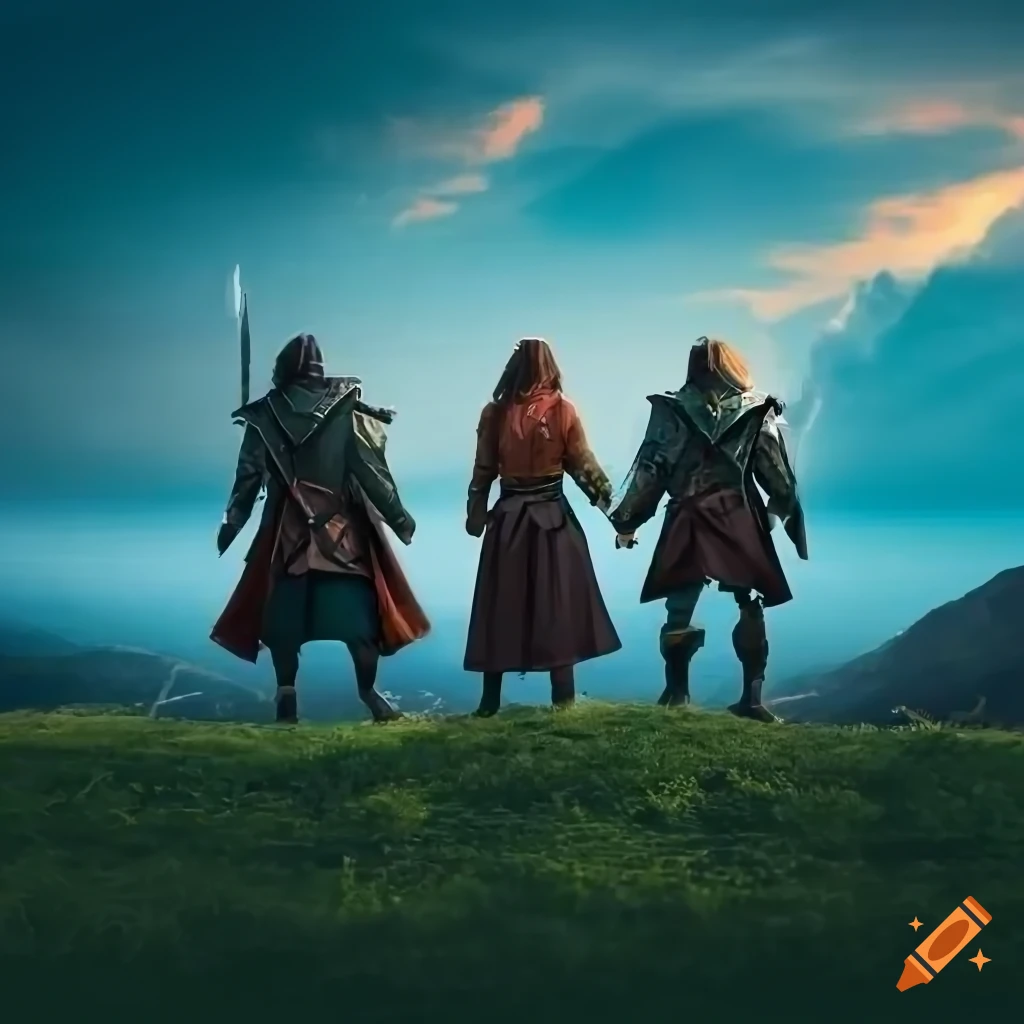 RPG characters walking towards a castle in a fantasy setting on Craiyon