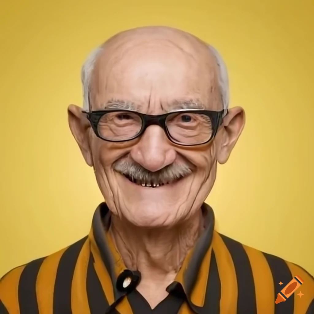 Smiling elderly man with glasses on mustard yellow background on Craiyon