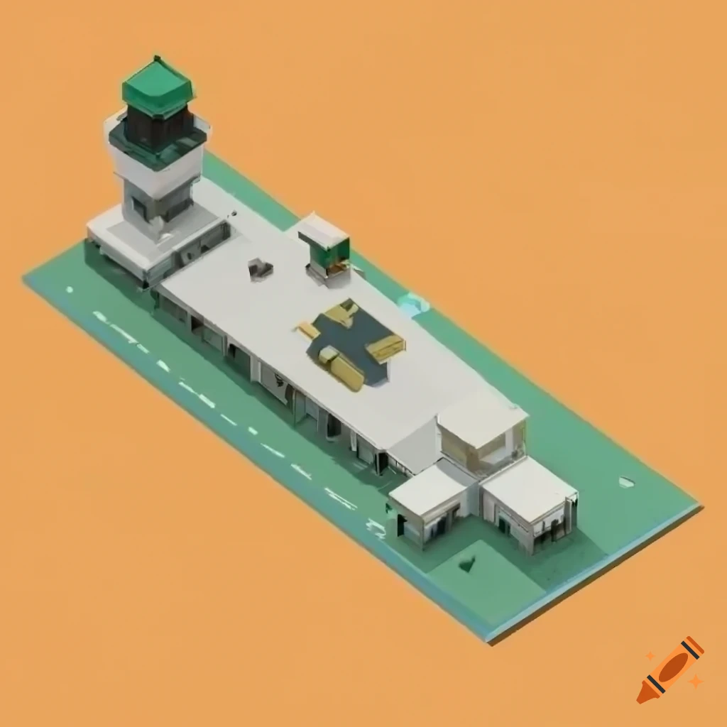 Isometric low poly military airport landing strip with tower on Craiyon