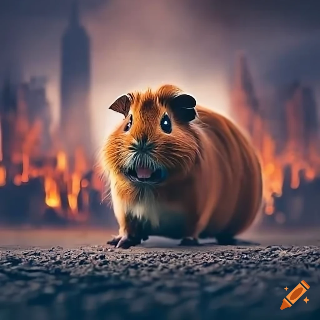 Angry guinea pig with burning city in the background on Craiyon