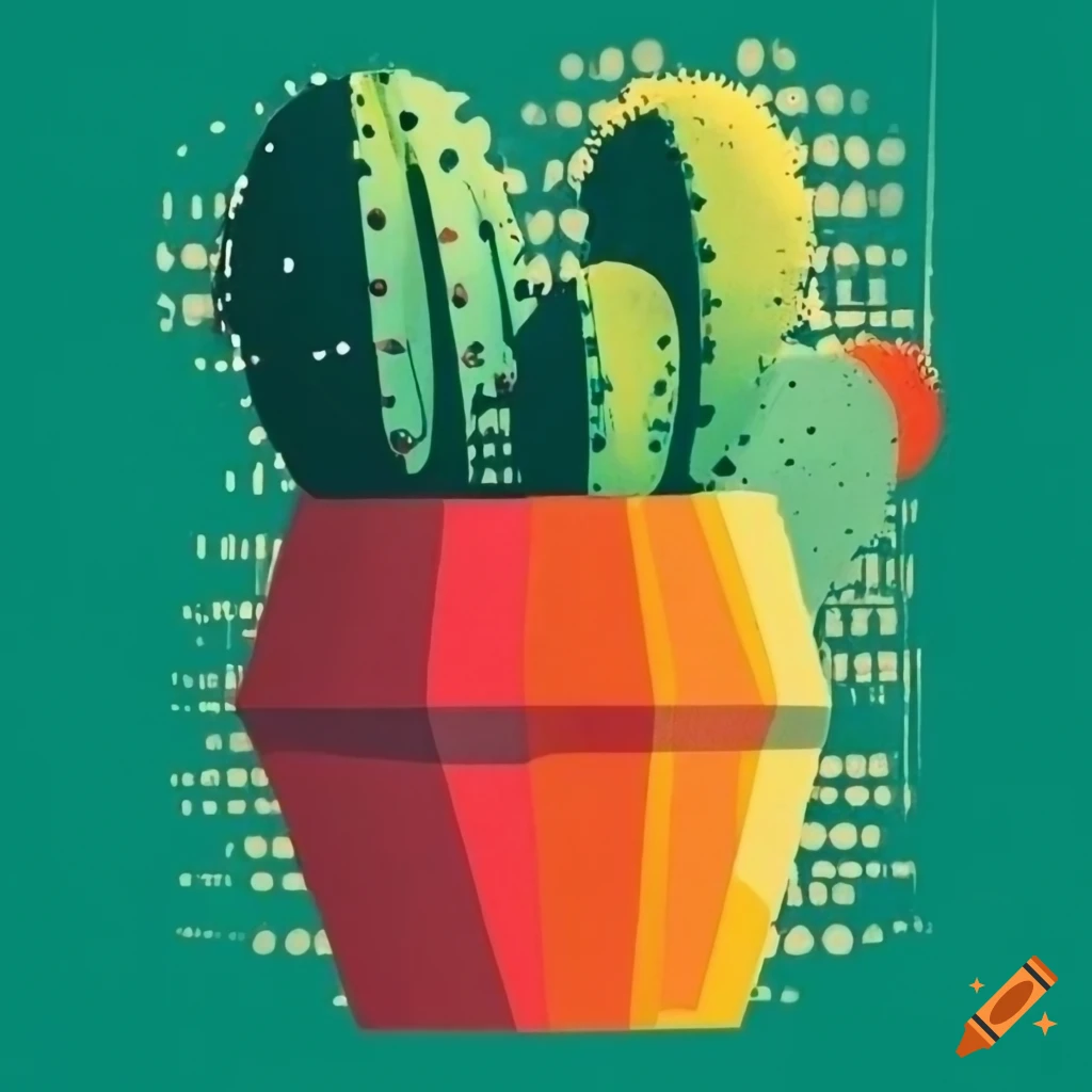 1970s futuristic vector graphic of a cactus in screen print style on ...