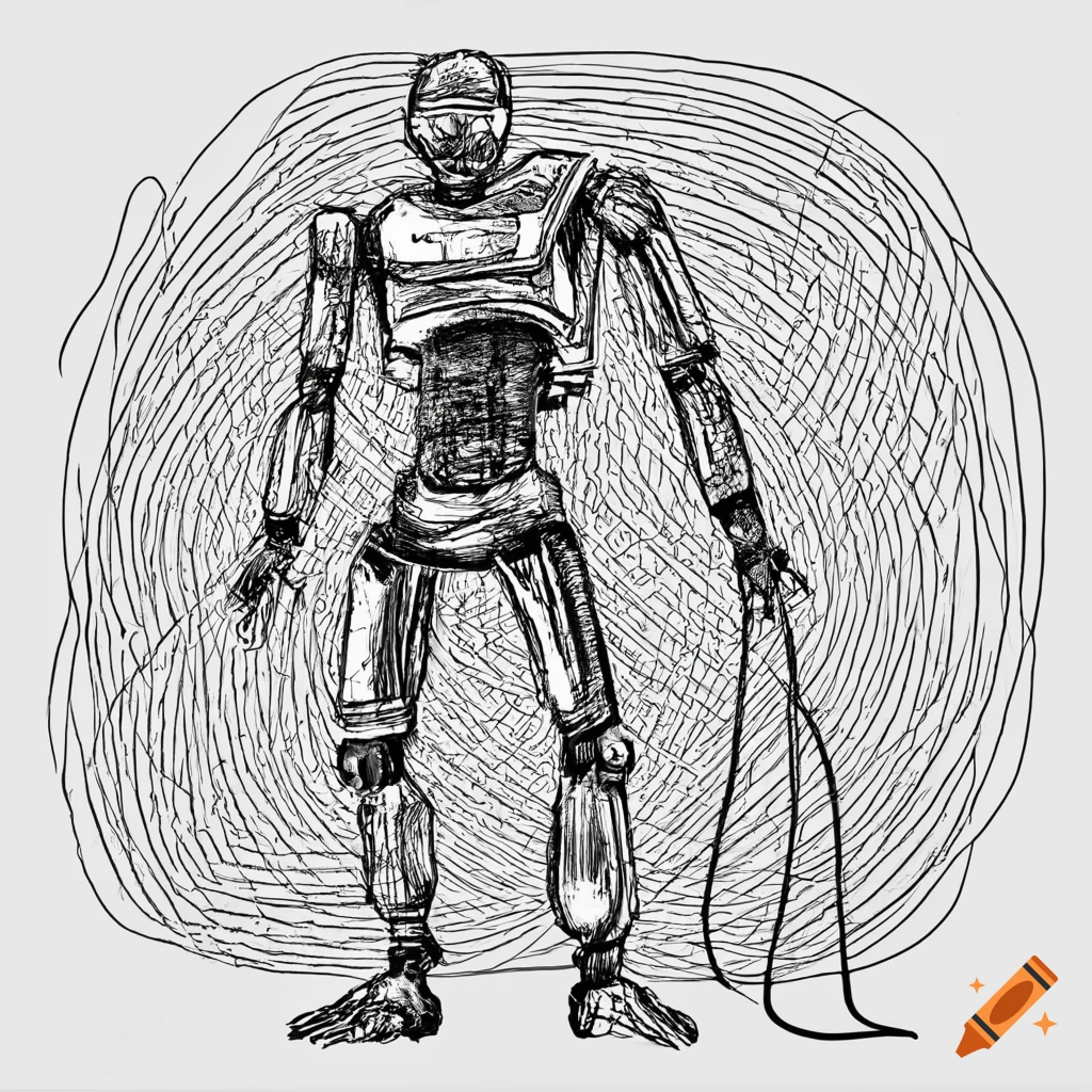 Dysfunctional dystopian male robot with wire hair drawn in charcoal on ...