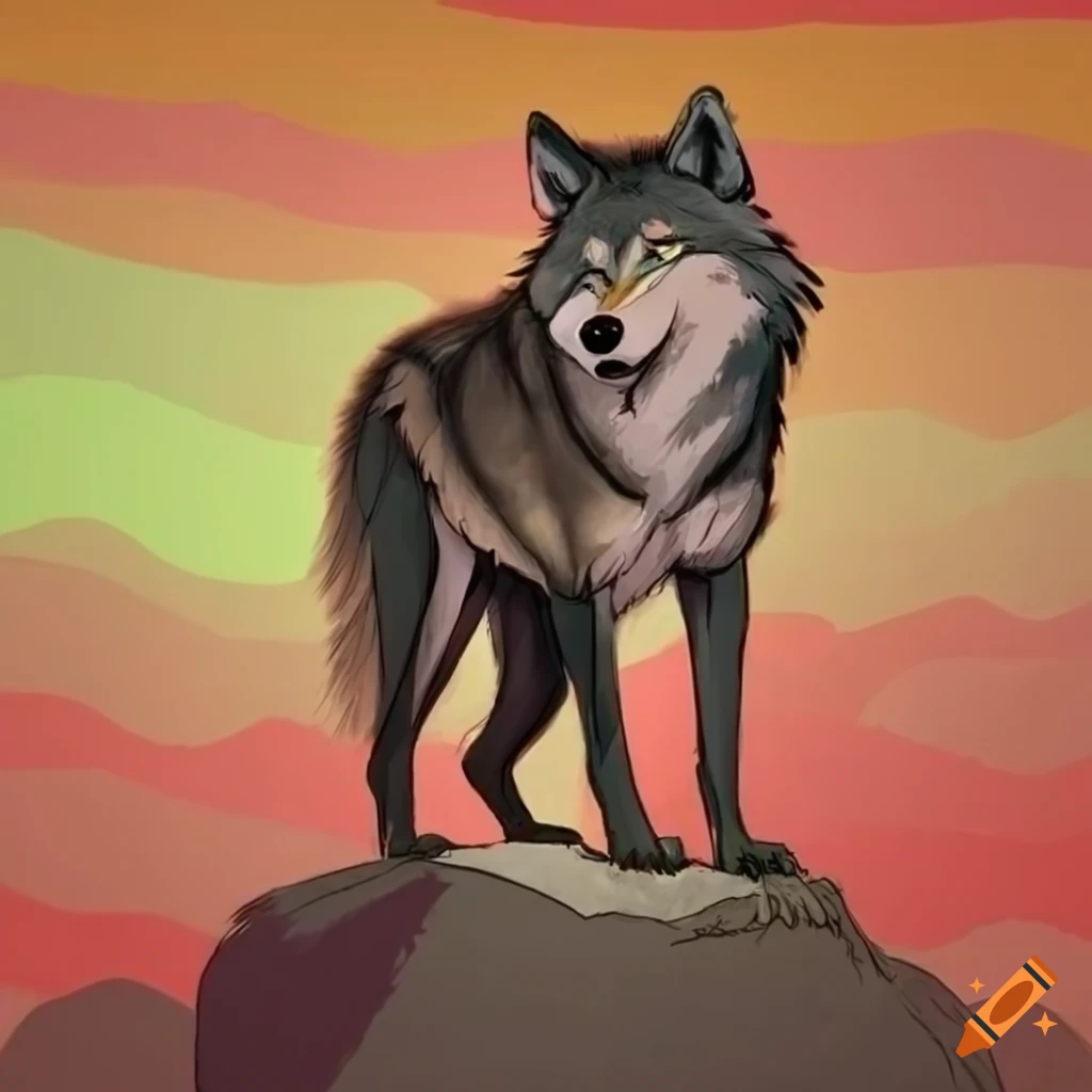 Sketch of a wolf standing on pride rock on Craiyon