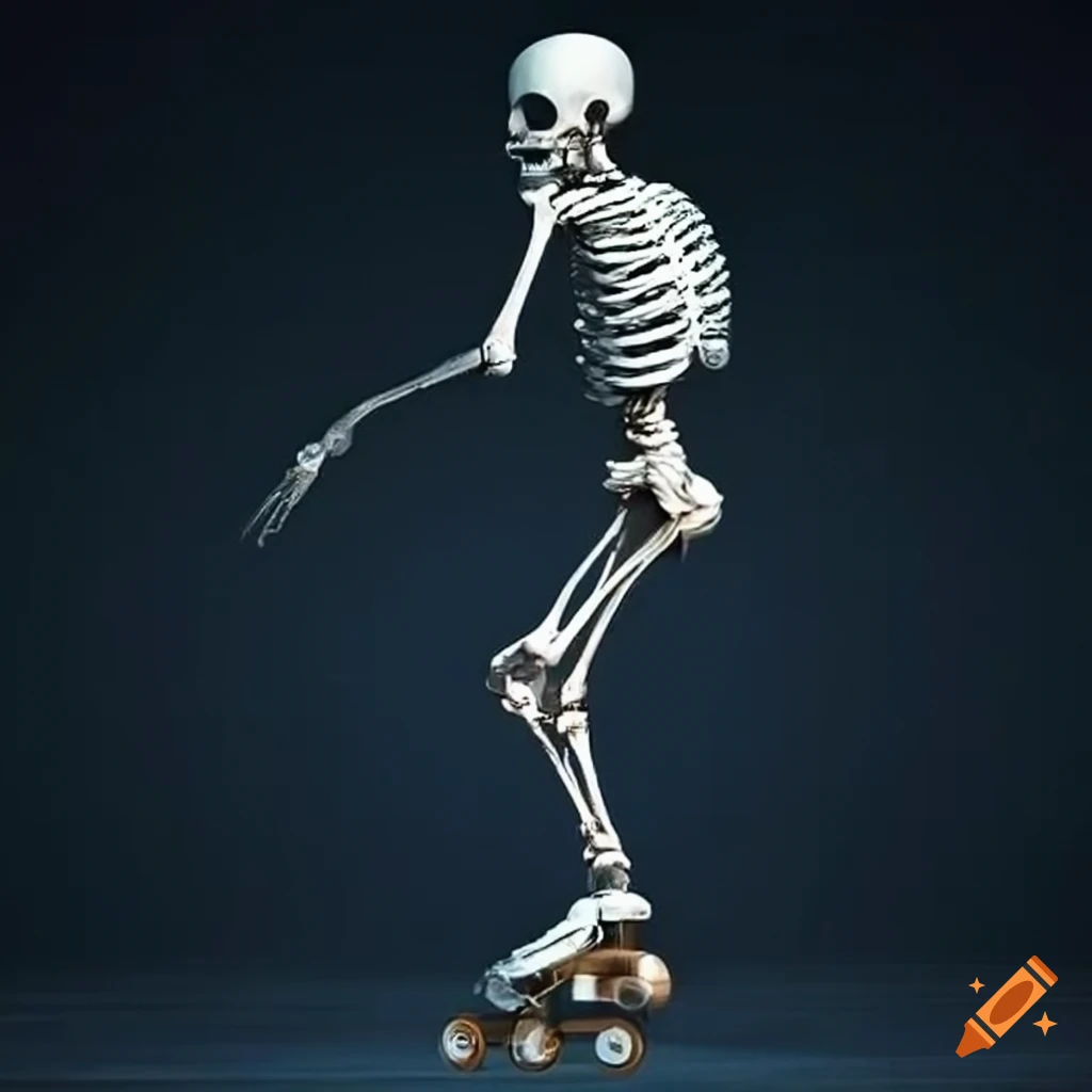 Cool skeleton with french moustache on roller skates on Craiyon