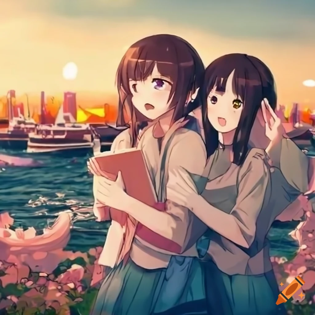 Group of cheerful anime girls studying under blooming garden near the ...