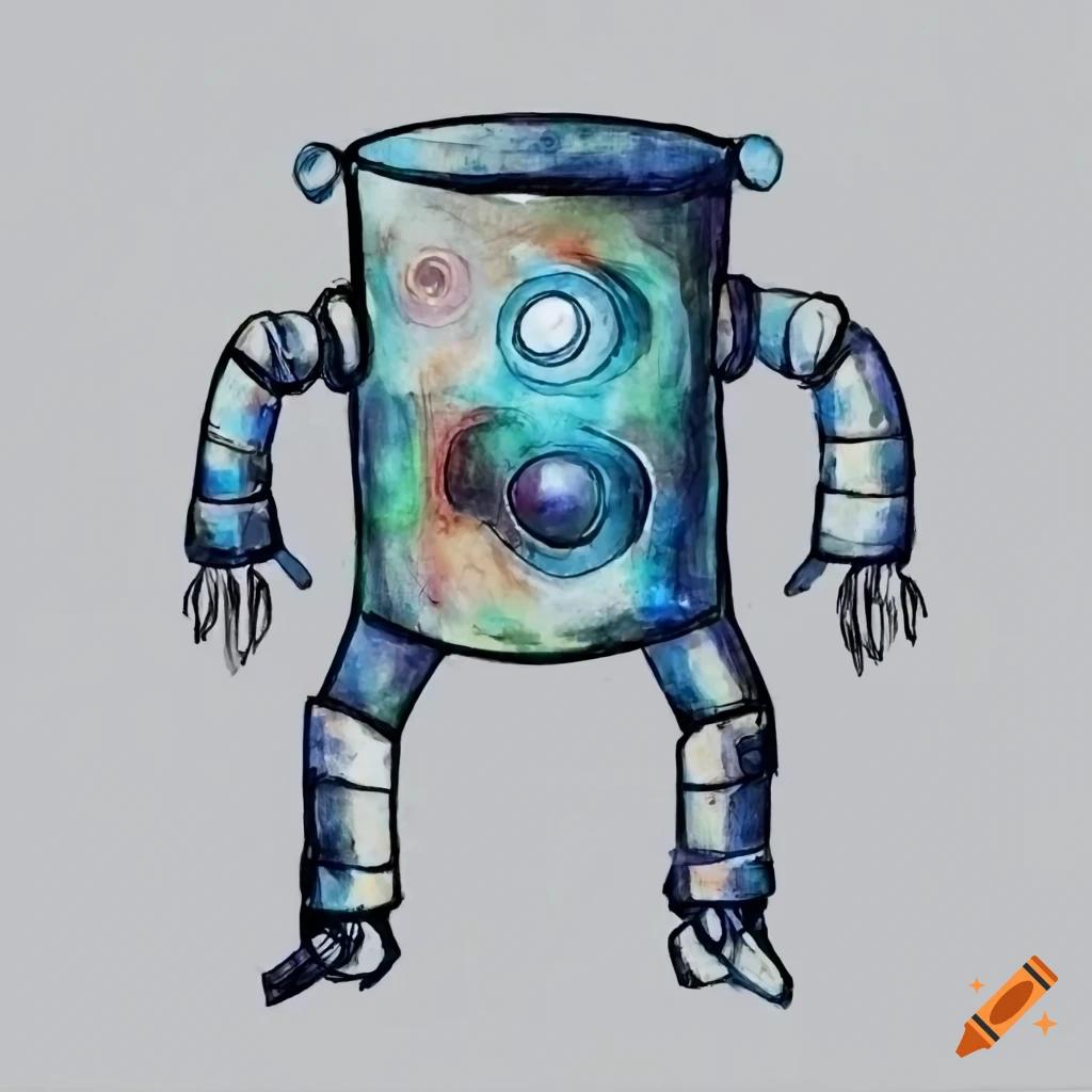 Deranged robot drawn in pencil on white background on Craiyon