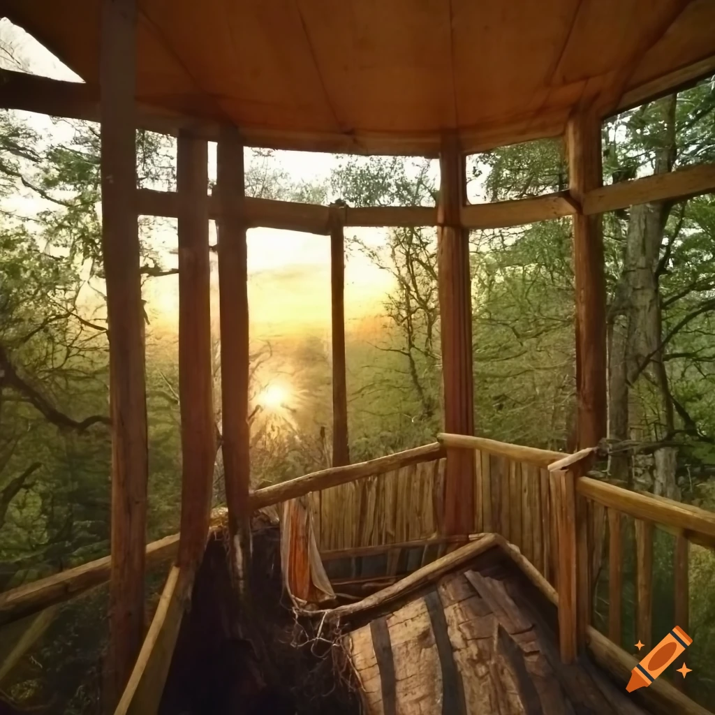 View from a sturdy tree hut on the second floor in a tree with sunlight ...