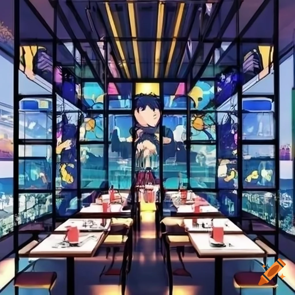 Restaurant with glass walls reflecting vibrant anime scenery on Craiyon