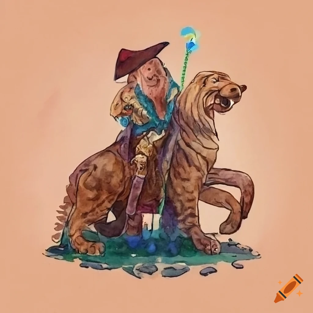 Halfling sorcerer with a high hat riding a mastiff on Craiyon