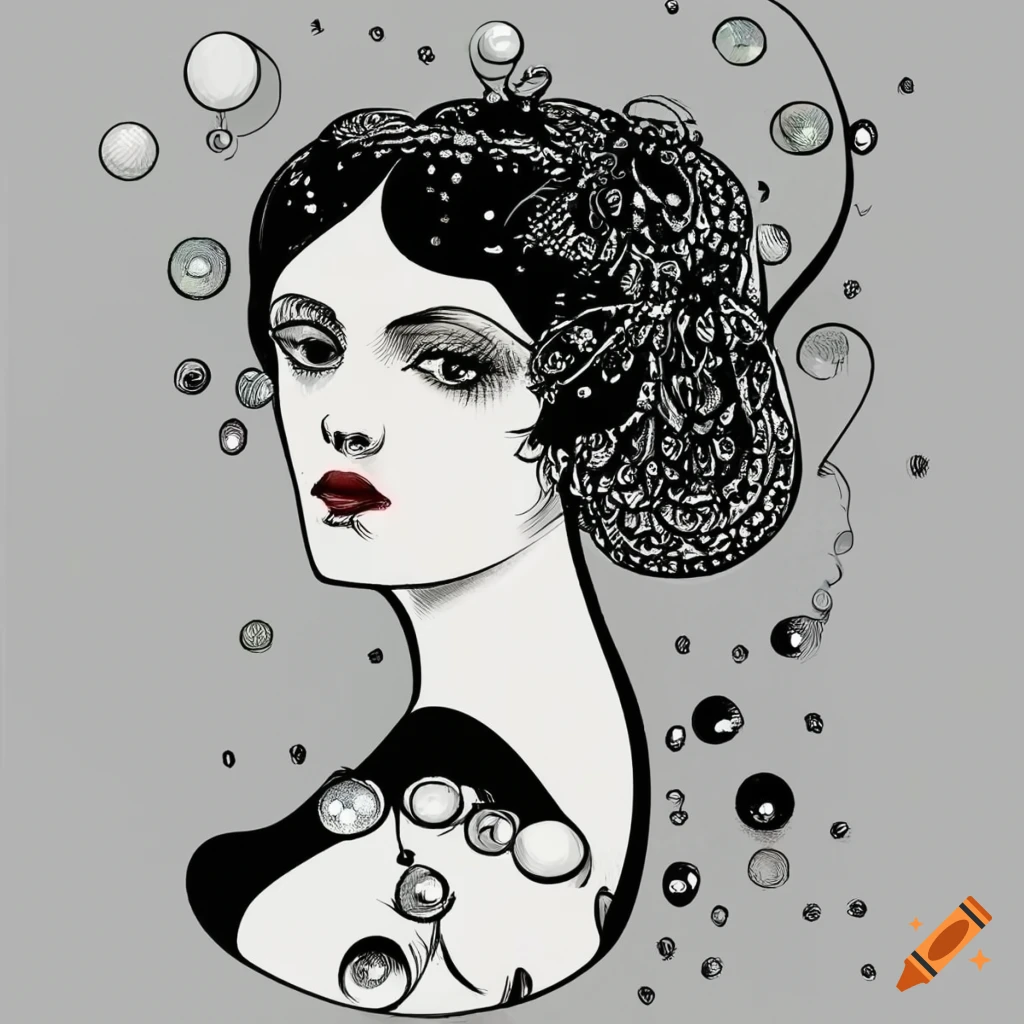 Art nouveau style illustration of a woman with flowy hair surrounded by ...