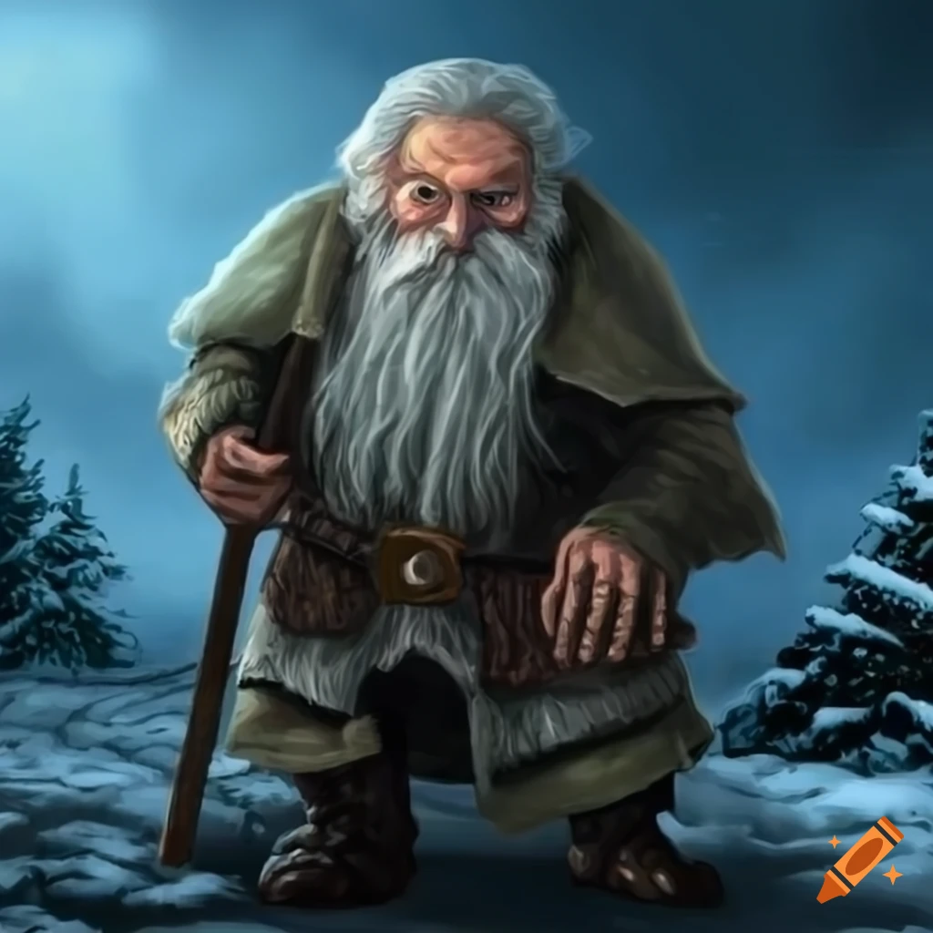 Gray-haired dwarf in a snowy fantasy landscape on Craiyon