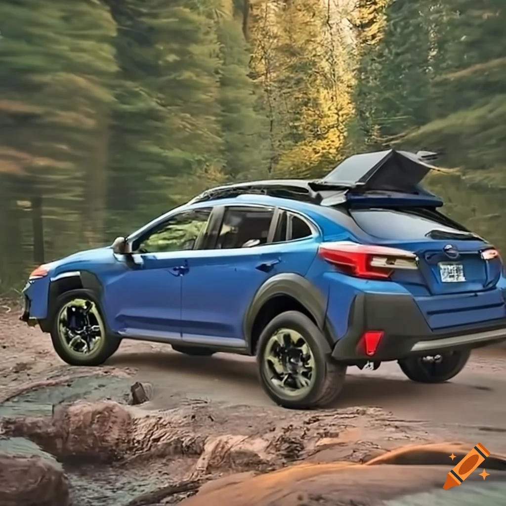 Dark blue 2021 subaru crosstrek towing a sylvansport go camper through the woods on Craiyon
