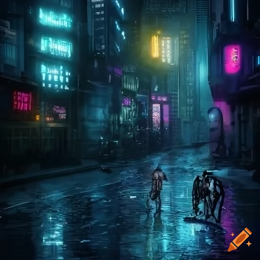 Cityscape blending biopunk and cyberpunk elements with neon-lit streets ...