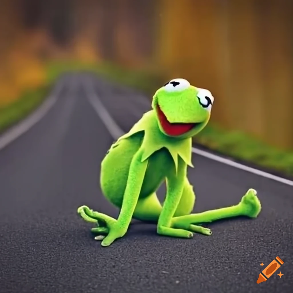 Kermit the frog vomiting on an empty road on Craiyon