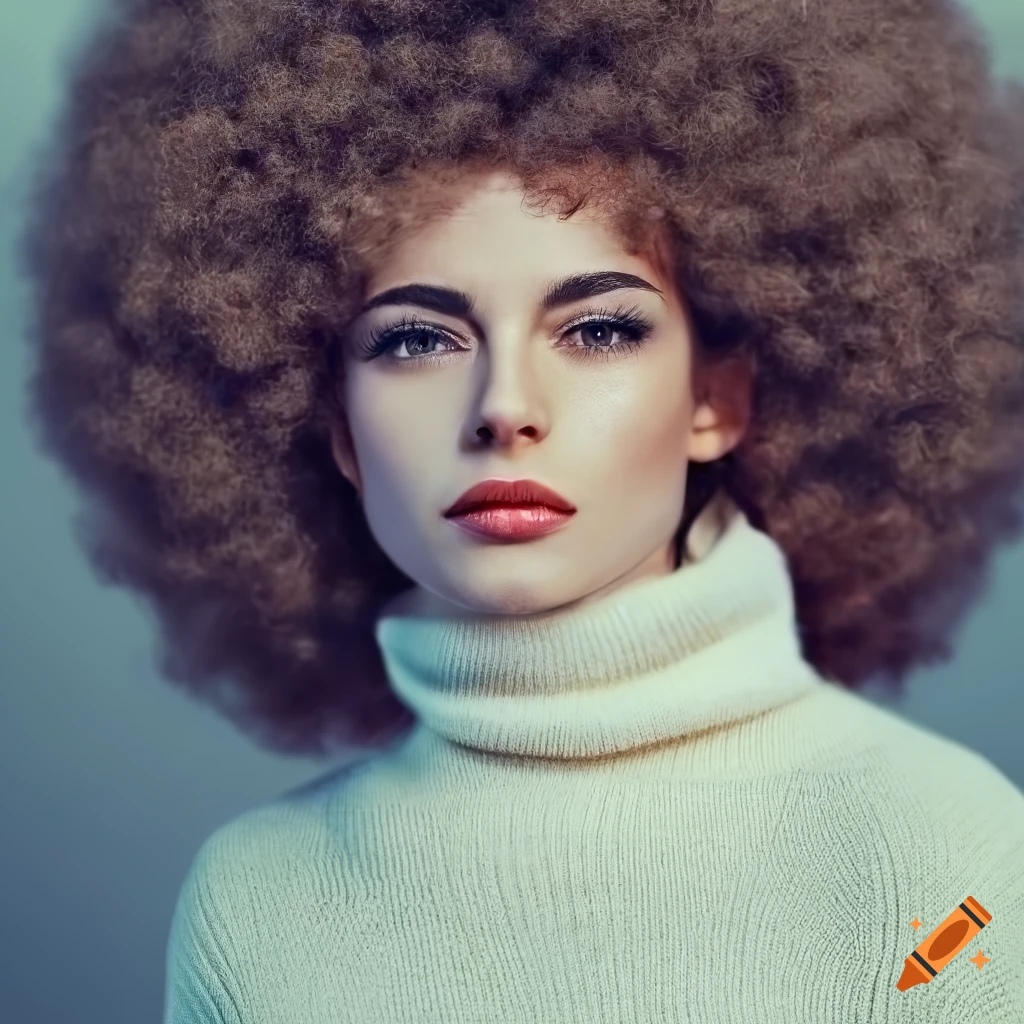 Beautiful white woman with massive afro and white turtleneck sweater on ...