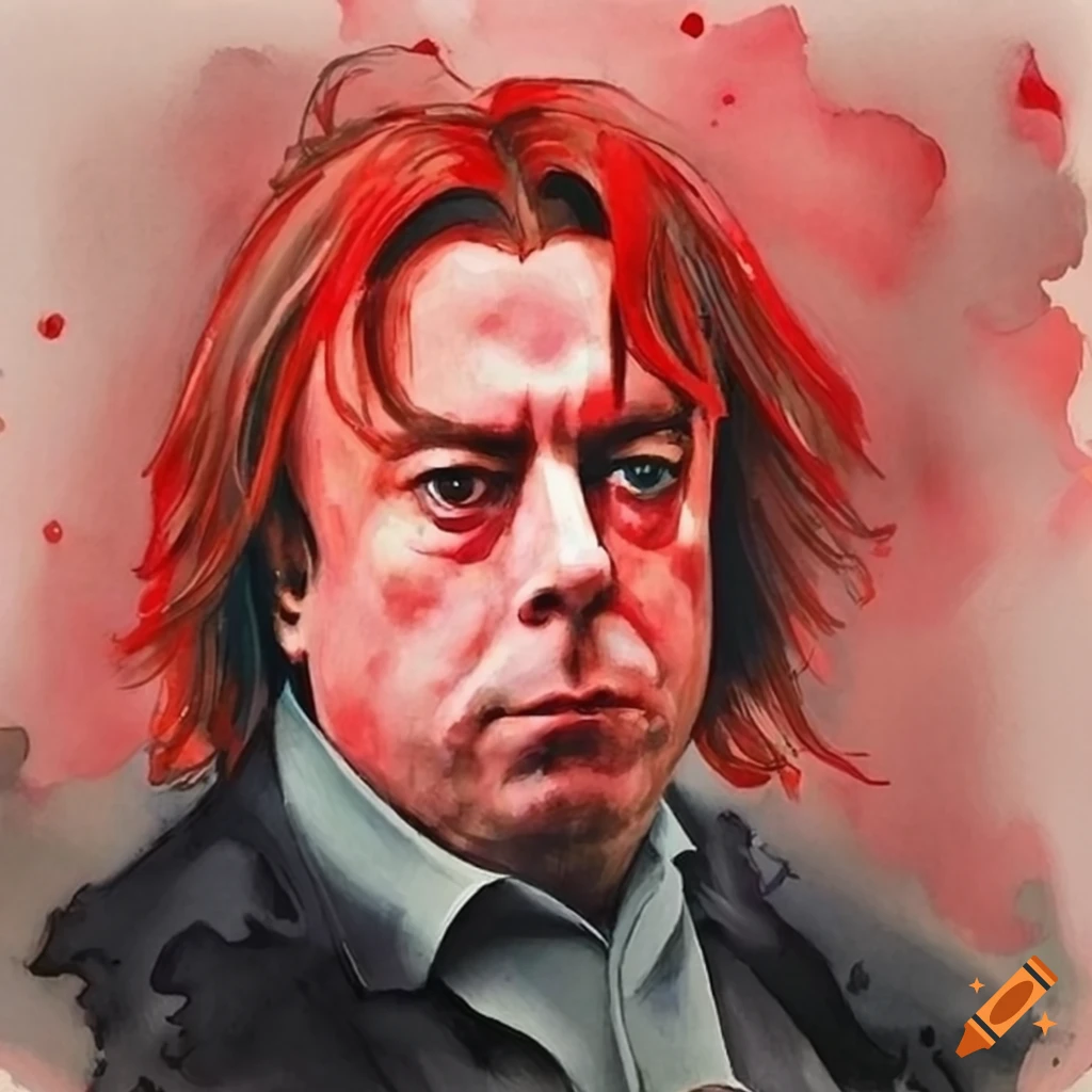 Stern portrait of Christopher Hitchens in red and black watercolor on ...