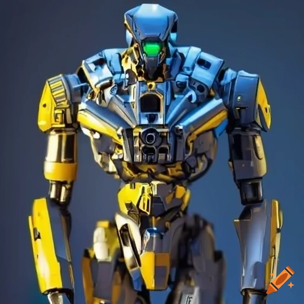 Sleek navy blue mecha with yellow accents in a sci-fi setting on Craiyon