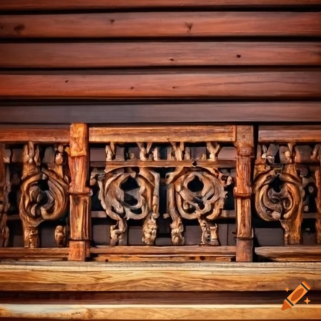 Wooden terrace railing with forged elements in asian style on Craiyon