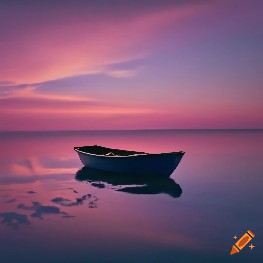 Pink stratus clouds over serene waves with a rowboat on Craiyon