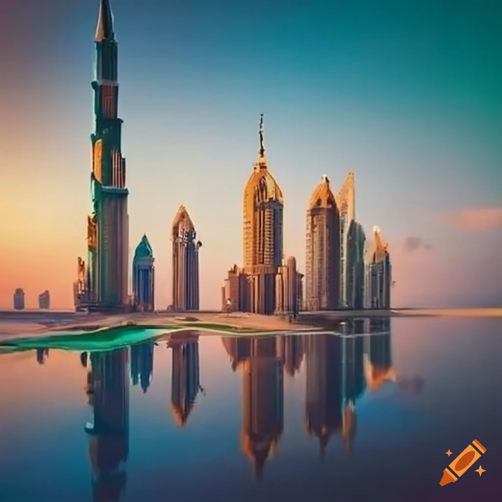 Dubai skyline with tall buildings and city lights at night on Craiyon
