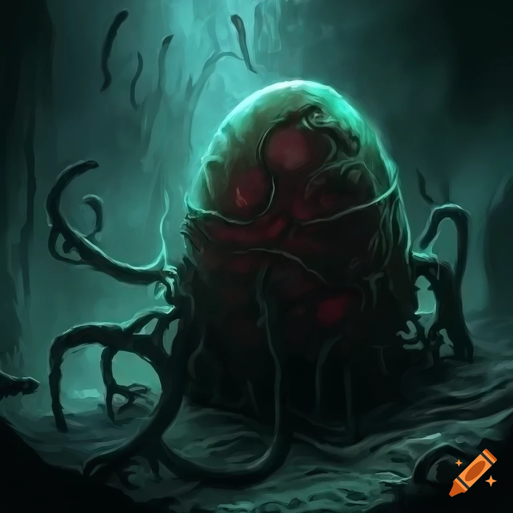 Egg monster guarding its home in a dark epic fantasy scene on Craiyon