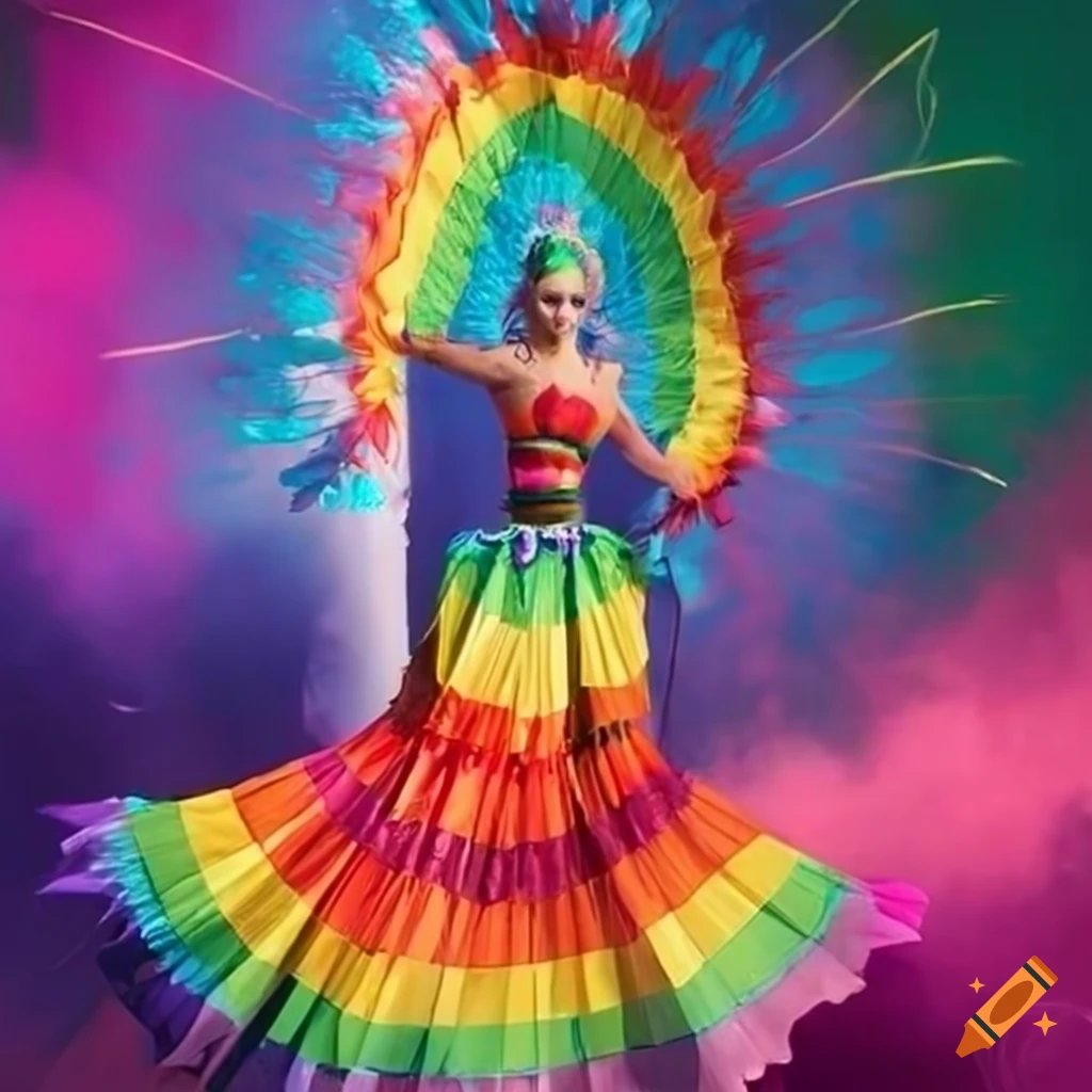 Colorful and vibrant stilt walker rainbow pride costume design on Craiyon