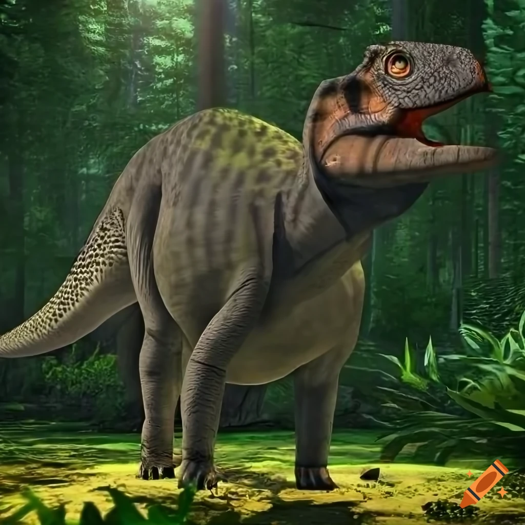 Colorful Hadrosaurus dinosaur in a forest environment on Craiyon