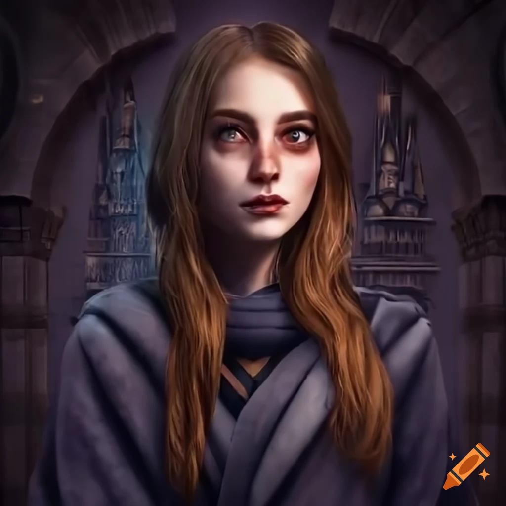 Hogwarts student in wizarding robes with castle wall and candles in ...