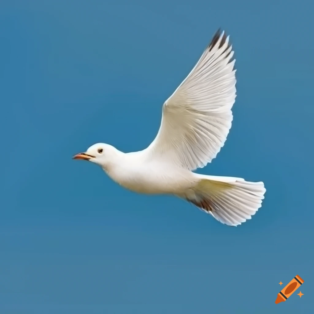 Realistic white bird flying on a blue background on Craiyon