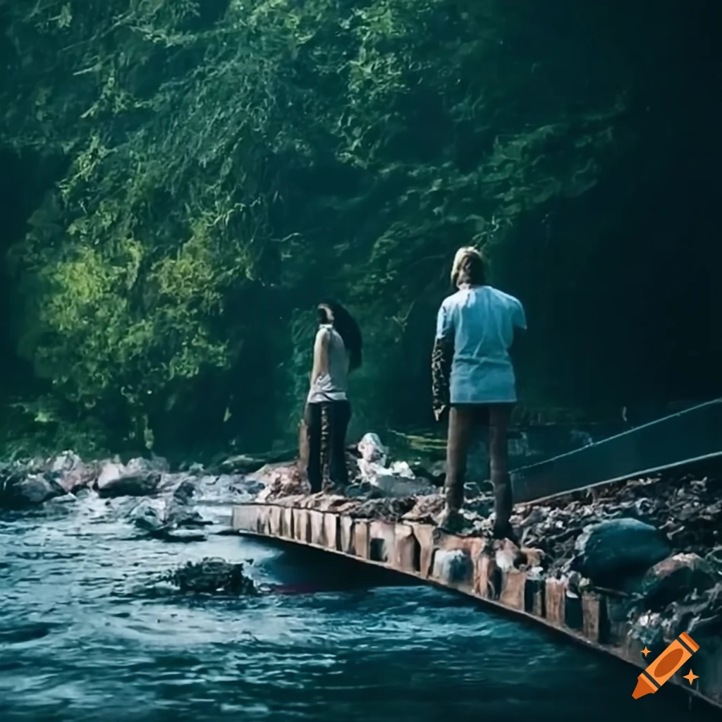 Man and woman emptying a trash bin from a bridge into a river on Craiyon