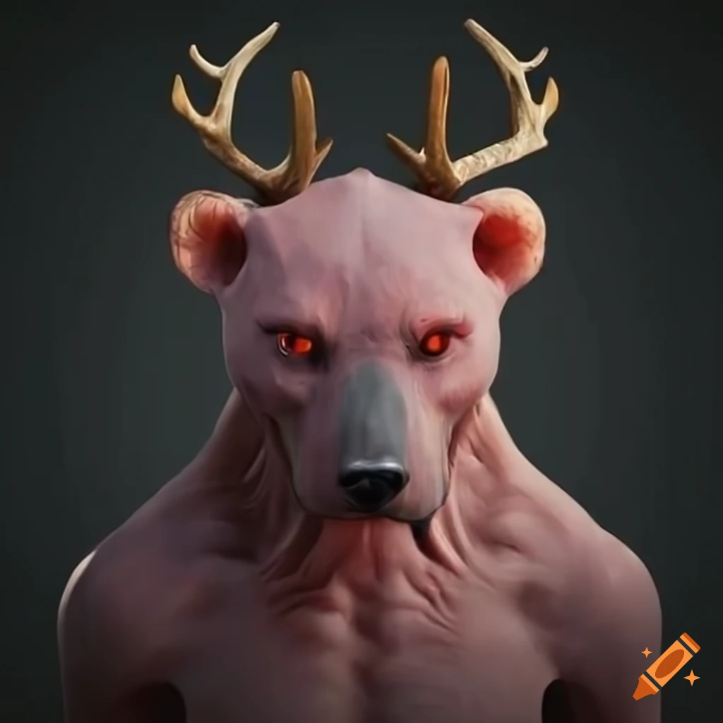 Hairless bear with mutated antlers in an aggressive stance on Craiyon