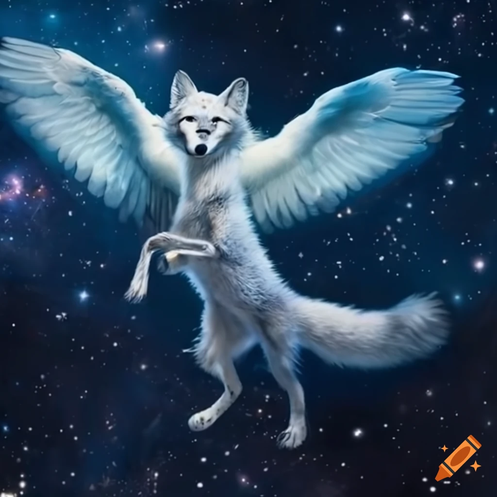 Mythical arctic fox with large wings in space on Craiyon